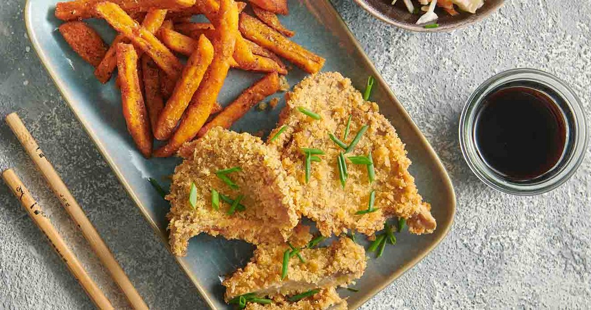 Setas fritas a la tonkatsu con chips de boniato | Receta | Kikkoman